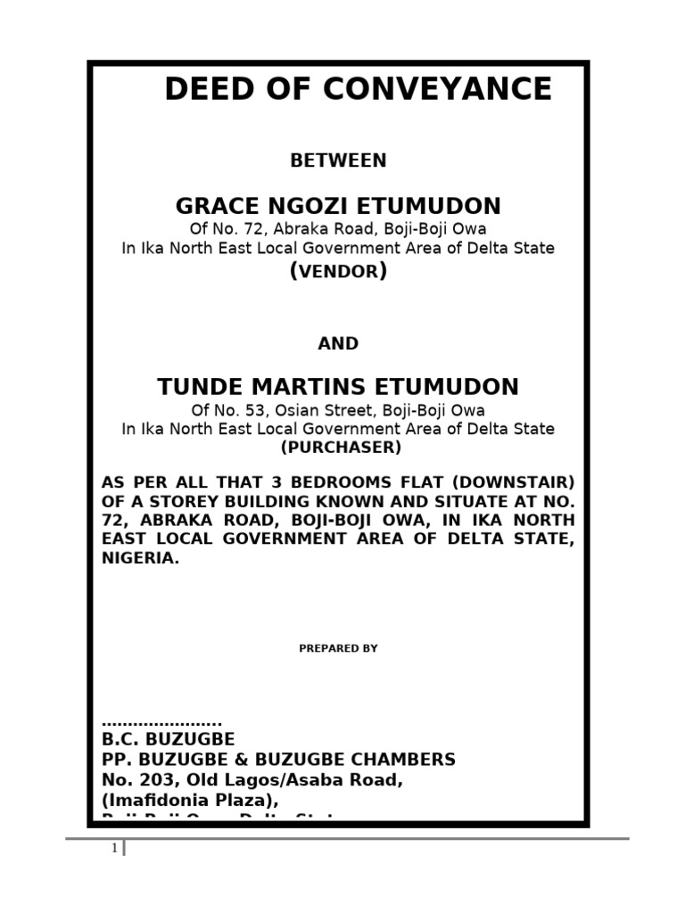 THIS DEED OF CONVEYANCE Is GRACE NGOZI ETUMUDON | PDF | Legal Documents ...