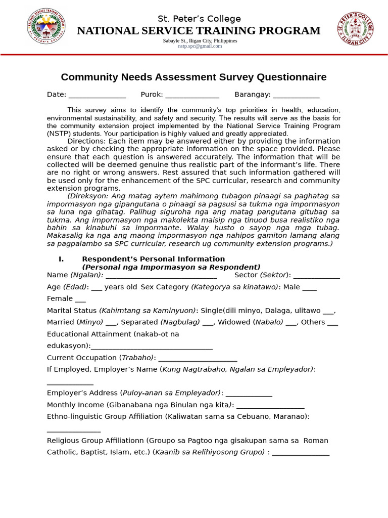 NSTP Community Needs Assessment Survey Questionnaire. | PDF