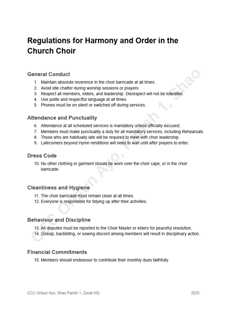 Regulations For Harmony and Order in The Church Choir | PDF
