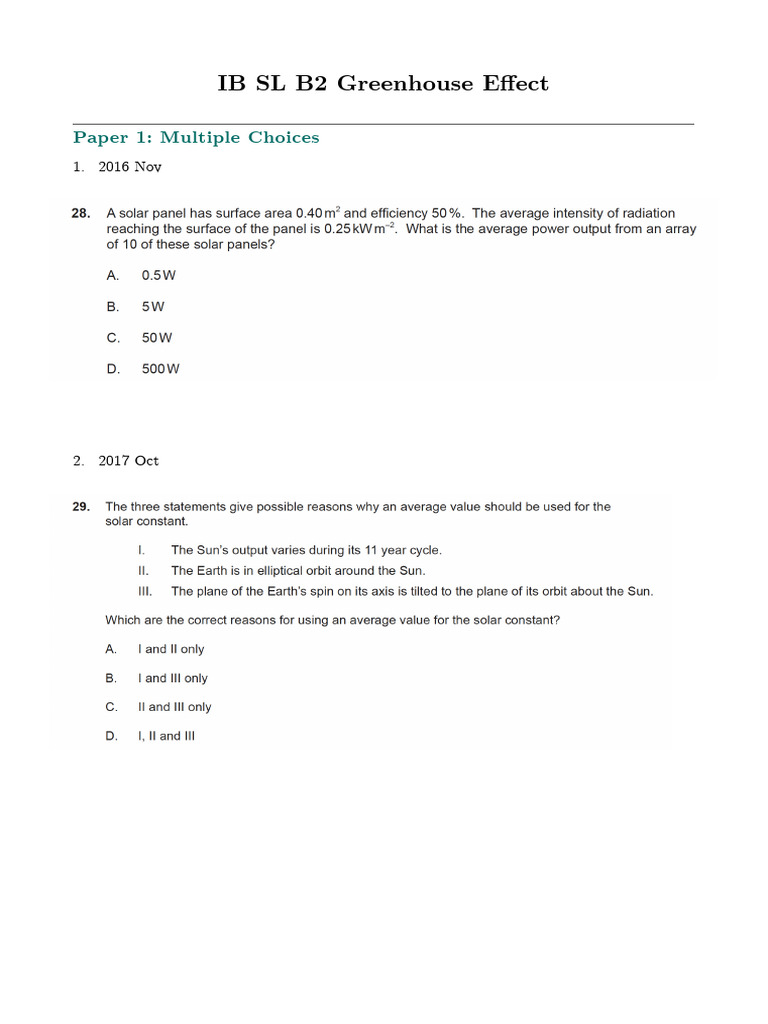 IB SL B2 Greenhouse Effect Exam Papers | PDF