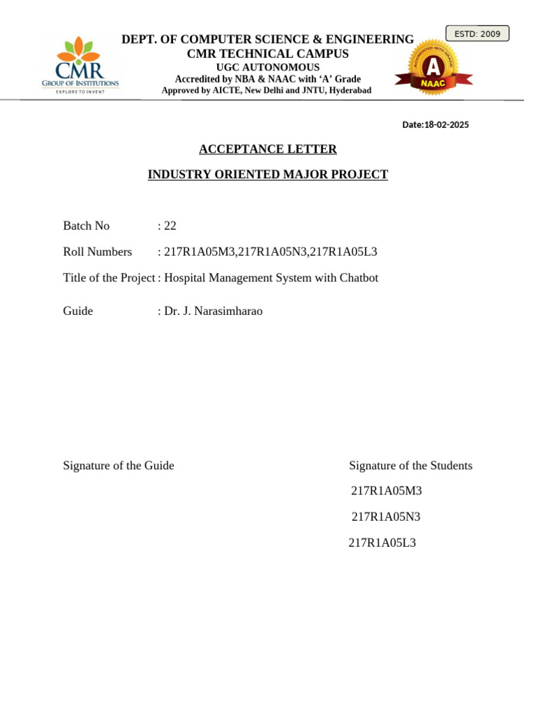Acceptance Letter for Hospital Project | PDF