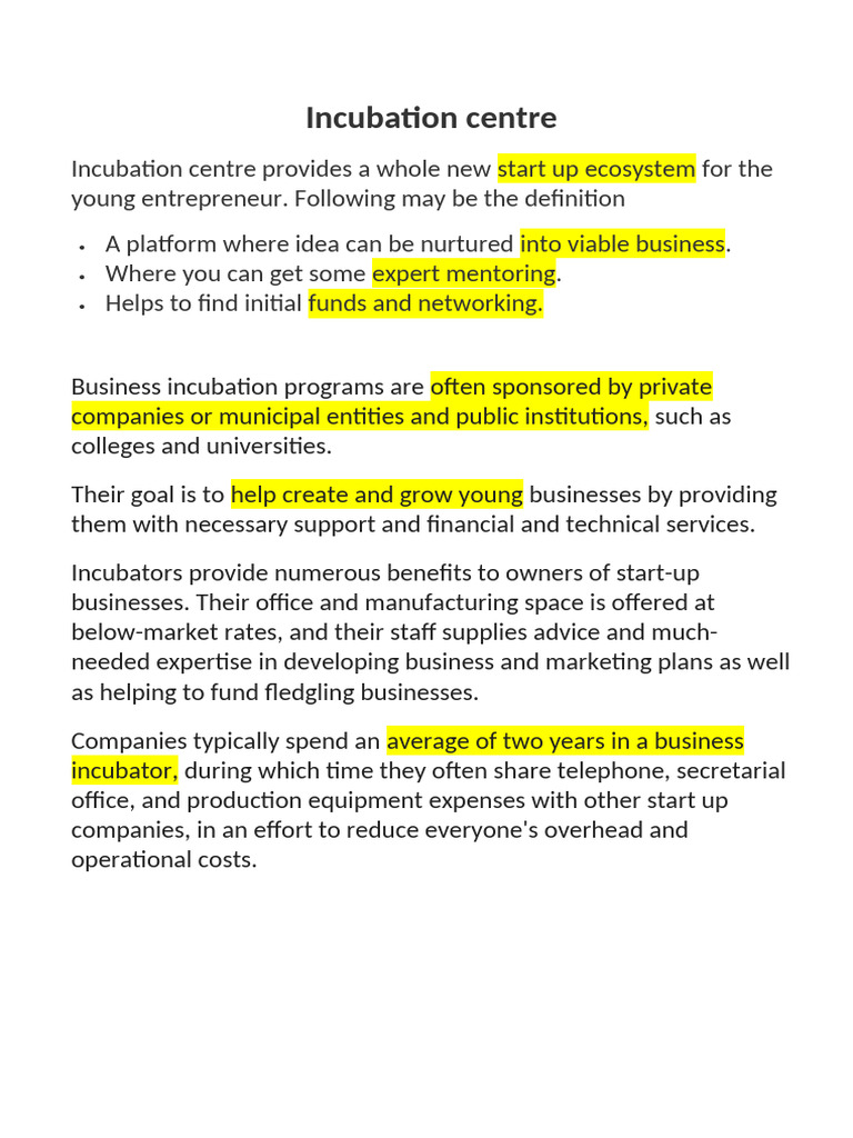 Role of Incubation Centres in Startups | PDF