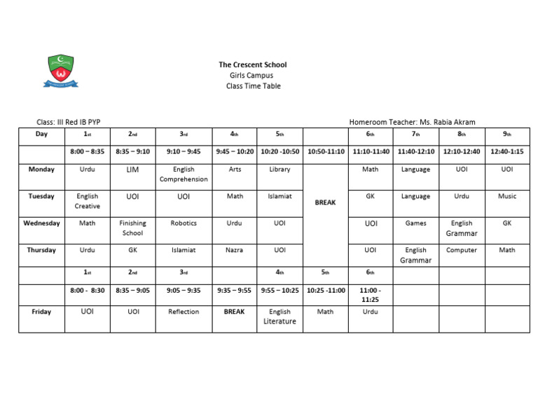 Time Table Class III Red IB PYP August 2022 | PDF