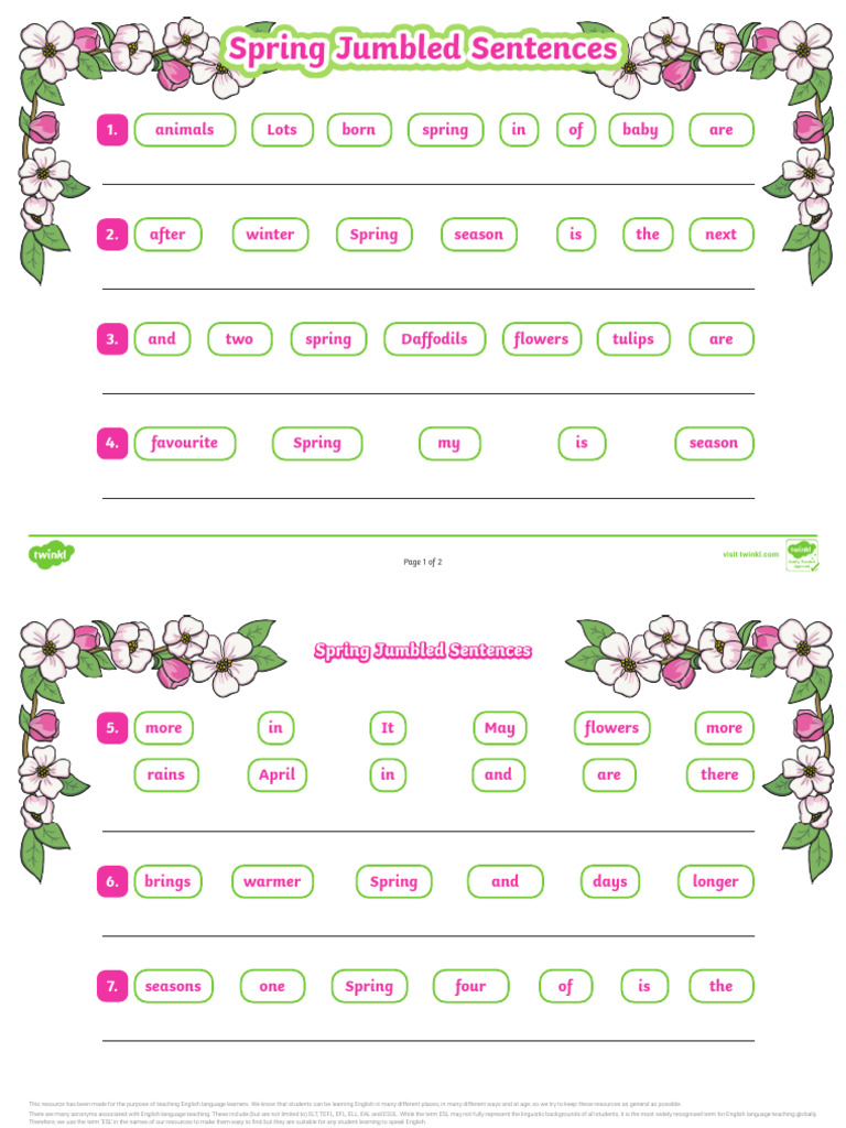 Spring Sentences for ESL Learners | PDF | English As A Second Or ...