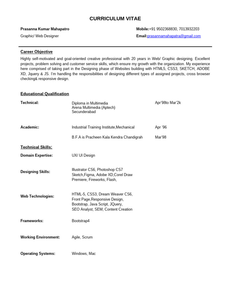 Prasanna Kumar Mahapatro CV | PDF | Html5 | Html