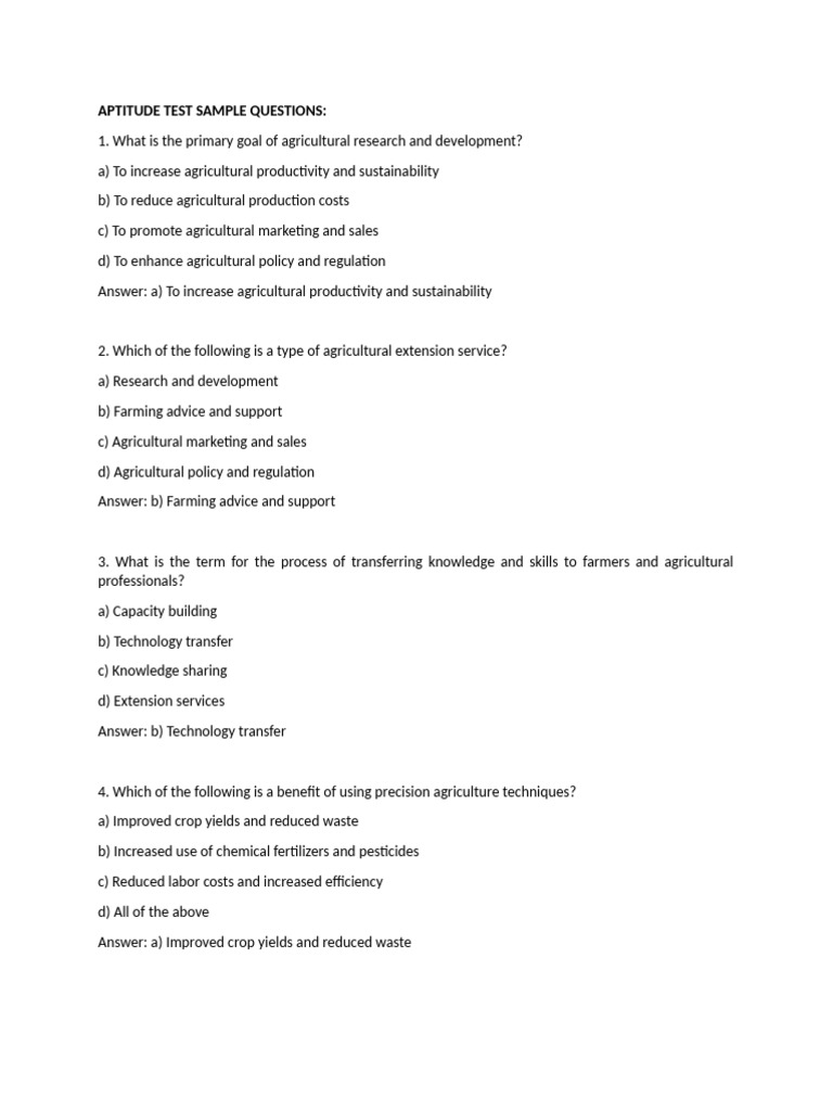 Aptitude Test Sample Questions | PDF | Agriculture | Crop Rotation