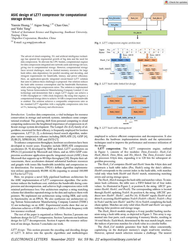 Electronics Letters - 2023 - Huang - ASIC Design of LZ77 Compressor For Computational Storage ...