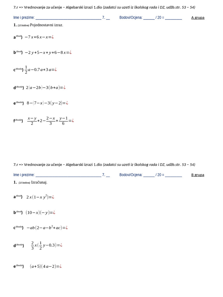 7r - 5 - Algebarski - Izrazi - 1dio - Vzu - Abcd 2 | PDF