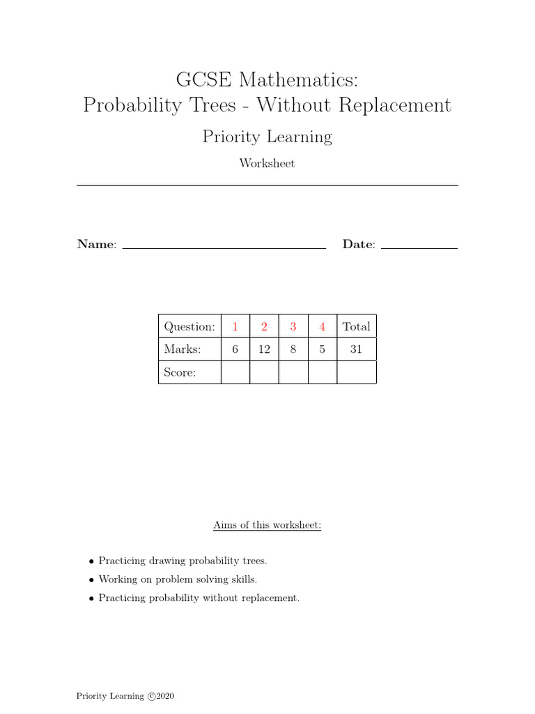 Probability Tree Without Replacement Foundation WS | PDF | Mathematics