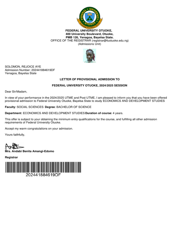 Ug Admission Letter 2024 | PDF