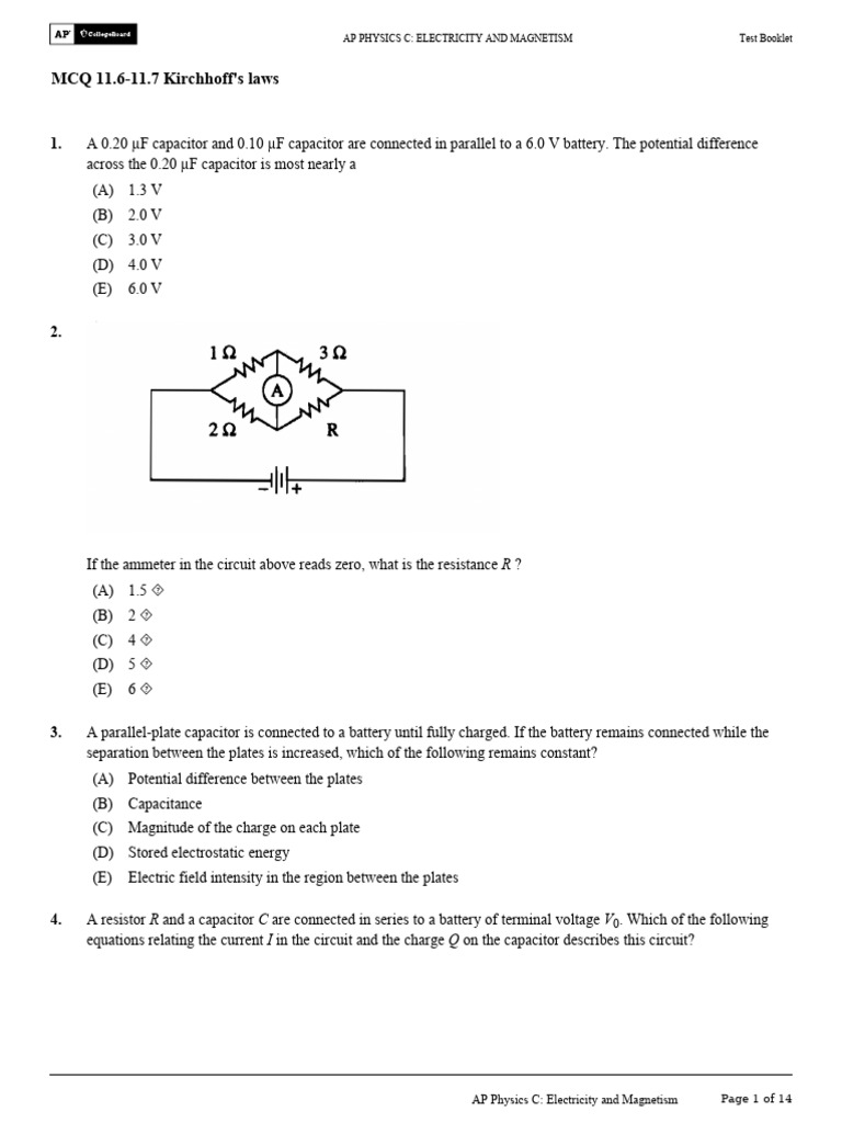 Kirchhoff's Laws MCQ Practice | PDF | Capacitor | Voltage