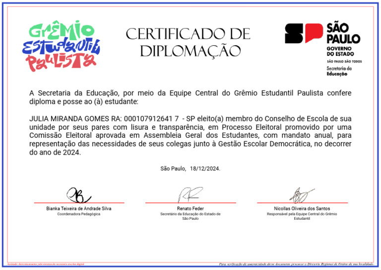 Certificado de Posse do Grêmio Estudantil | PDF