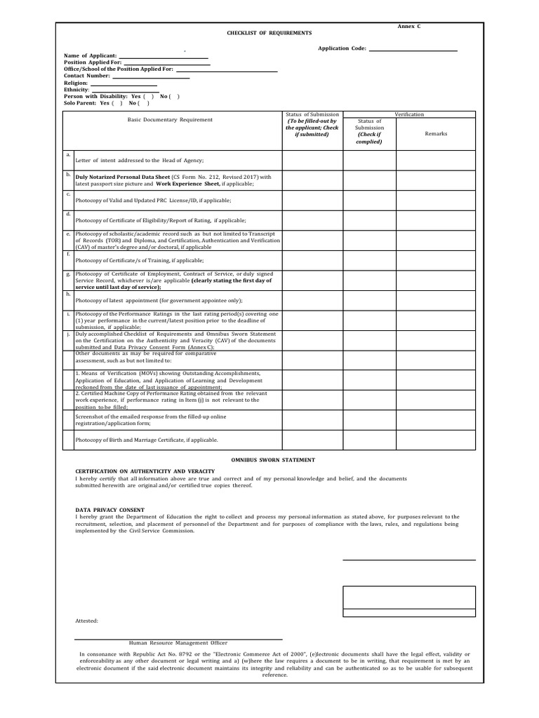 Annex C - Checklist of Requirements and Omnibus Sworn Statement ...