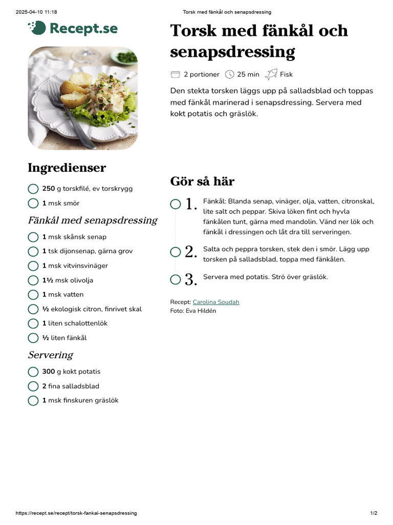 Torsk Med Fänkål Och Senapsdressing | PDF