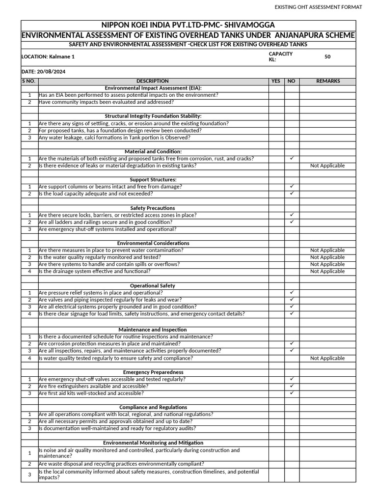 Check List For Assessment - Existing Oht - ZBT 1-2 | PDF | Leak | Environmental Impact Assessment