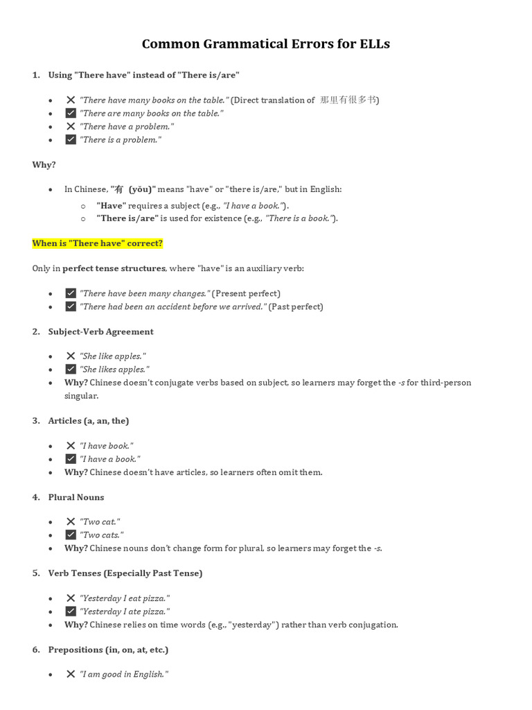 Common Grammatical Errors For ELLs | PDF | English Language | Verb