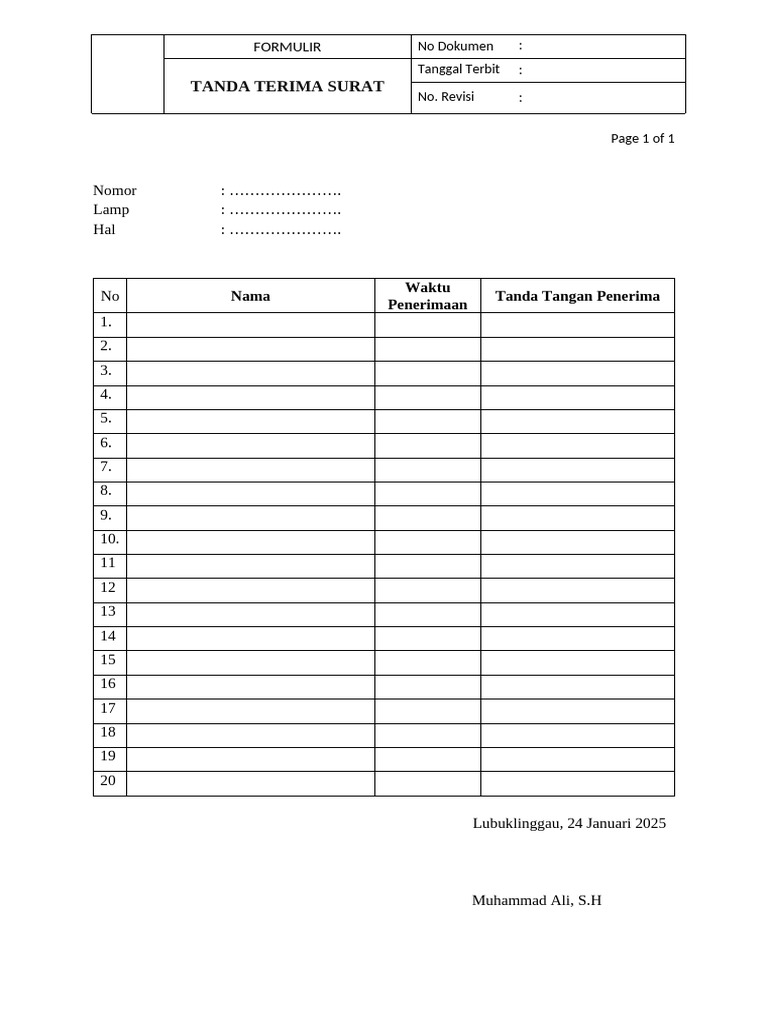Formulir Tanda Terima Surat Resmi | PDF