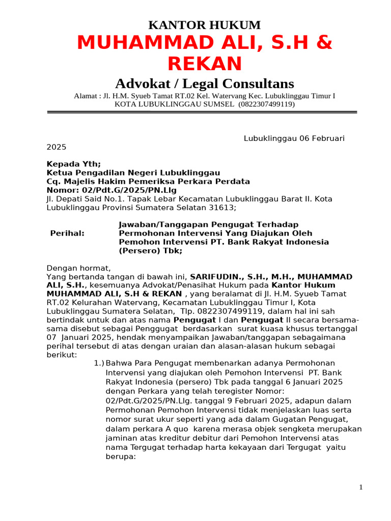 Tanggapan Pengugat Terhadap Permohon Pemohon Intervensi - Salin | PDF