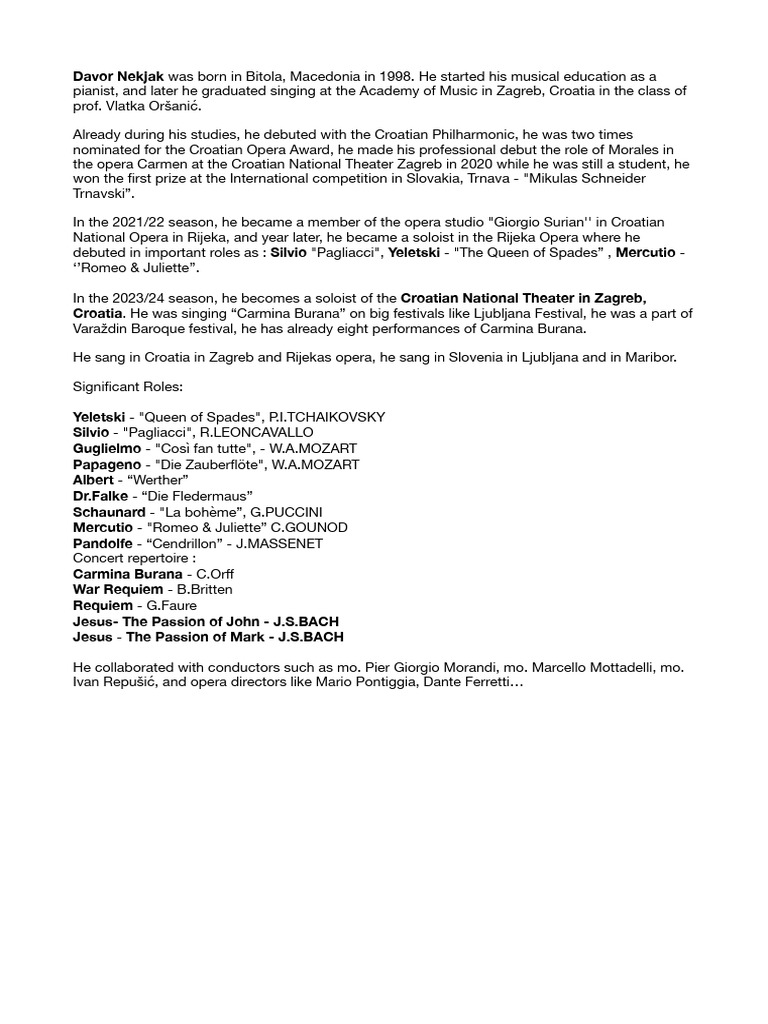 DAVOR NEKJAK CV and Repertoire | PDF