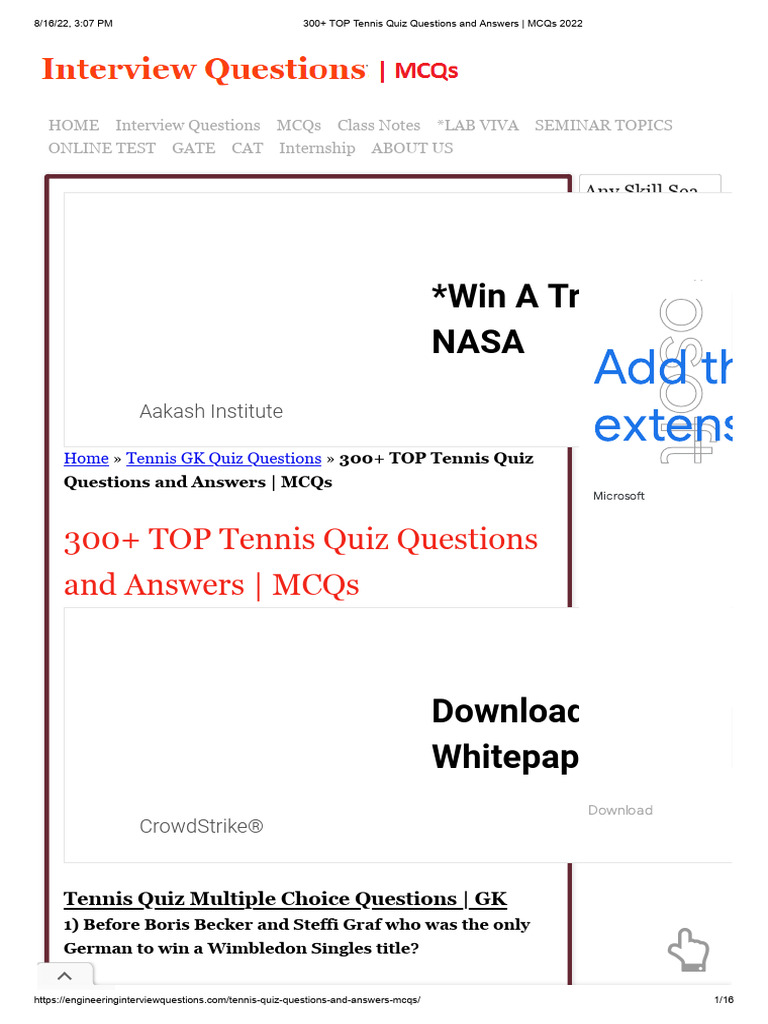 300+ Tennis Quiz Questions & Answers | PDF | Grand Slam (Tennis) | Sports
