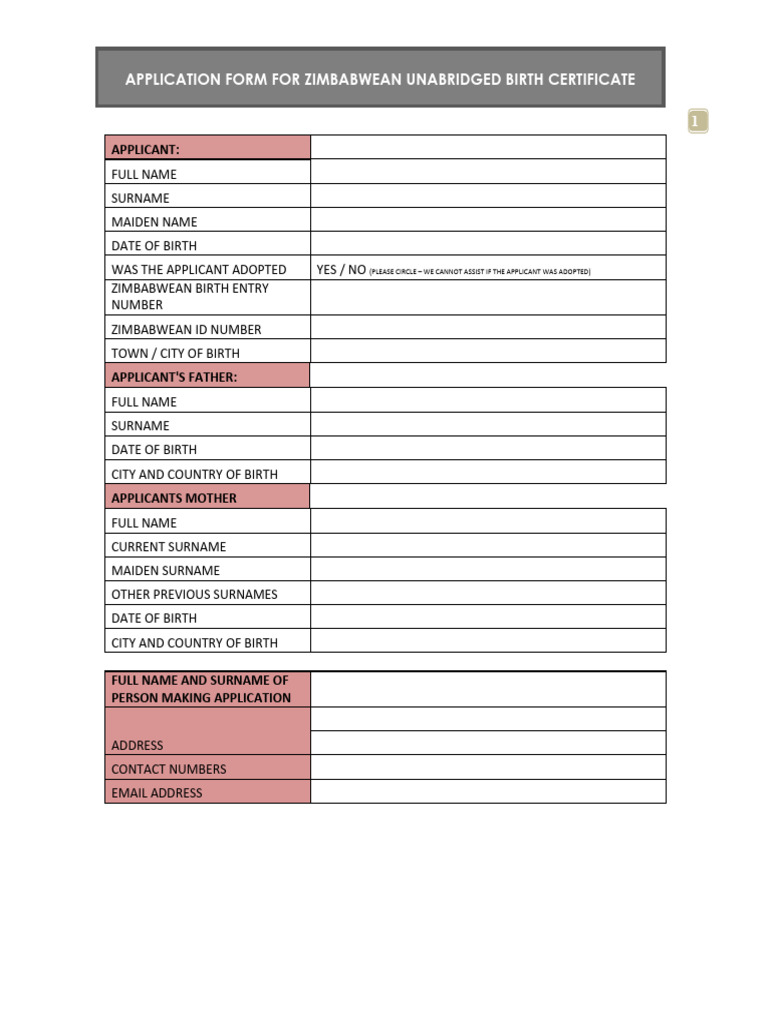 Application Forms For Zimbabwean Birth Certificate | PDF