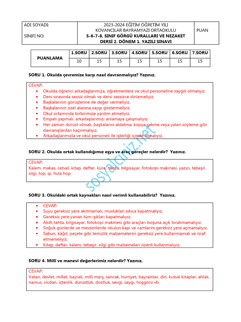 Sinif Gorgu Kurallari Ve Nezaket Dersi 2.donem 1.yazili Sorulari Ve Cevaplari | PDF