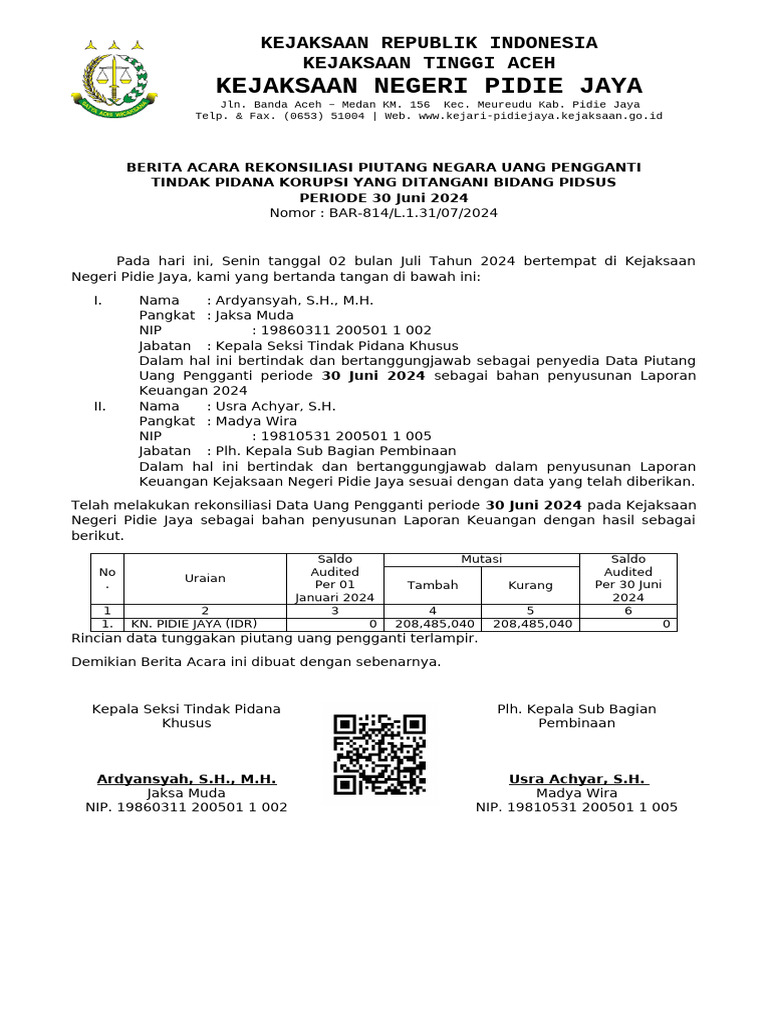 BA Rekonsiliasi Piutang Pidsus Semester 1 | PDF