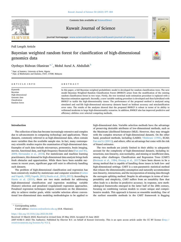 Bayesian Weighted Random Forest For Classification of - 2023 - Kuwait ...