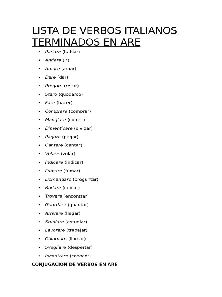 Verbos Italianos Terminados en Are | PDF | Verbo | Conjugación gramatical