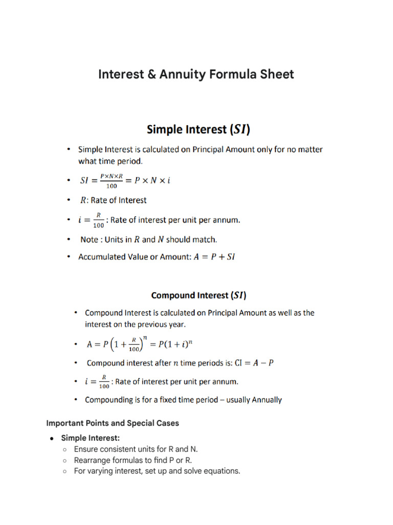 Interest & Annuity Formula Sheet | PDF