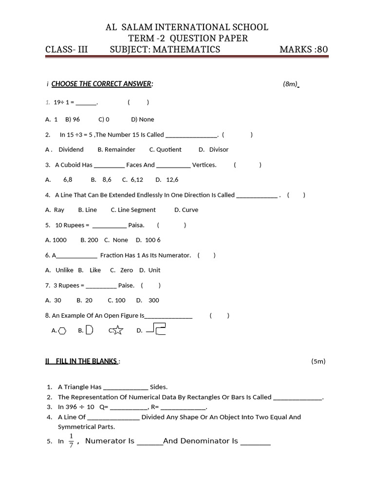 Grade 3 Mathematics Question Paper | PDF | Division (Mathematics ...