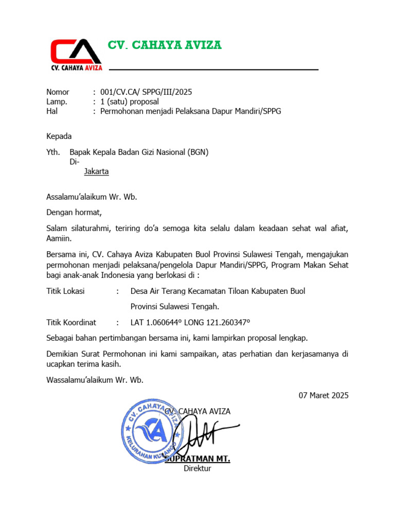 Proposal Program MBG CV Cahaya Aviza 2025 | PDF