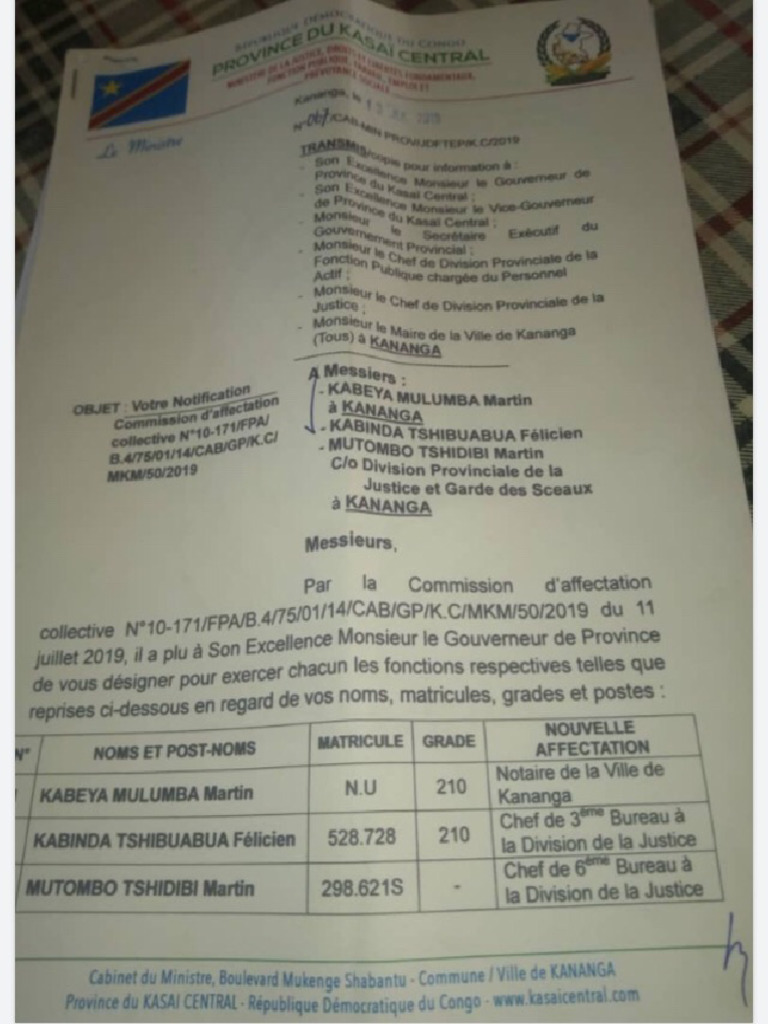 Commission Affectation KasaiCentral | PDF