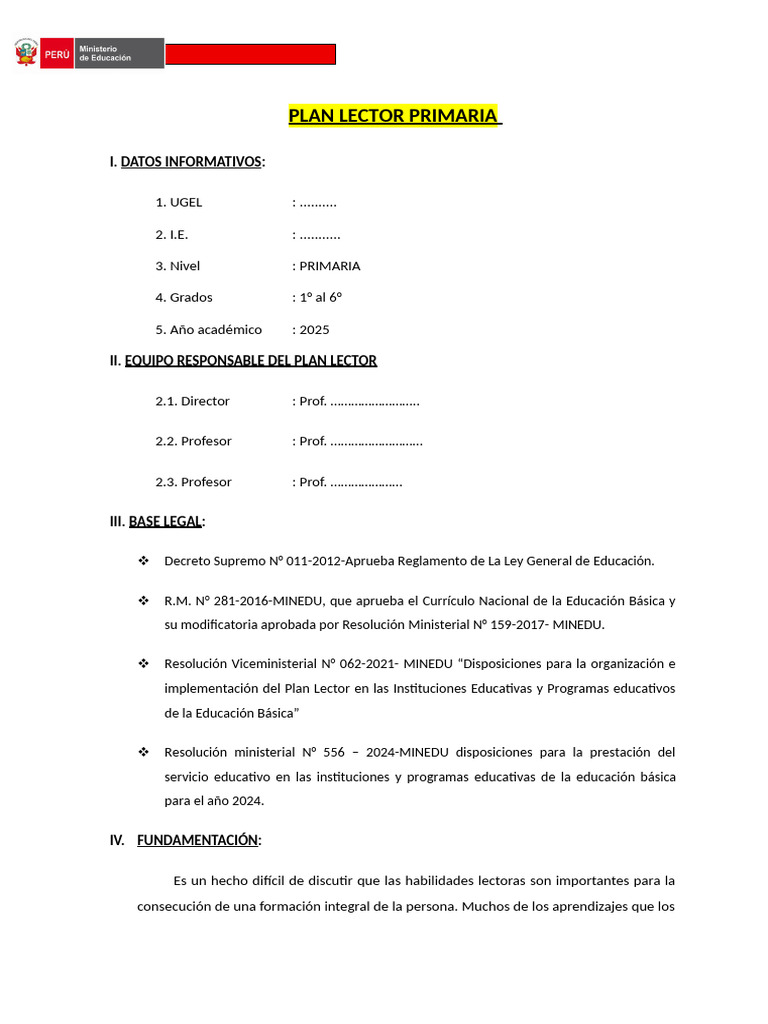 Plan Lector Primaria 2025 | PDF | Comprensión lectora | Educación primaria
