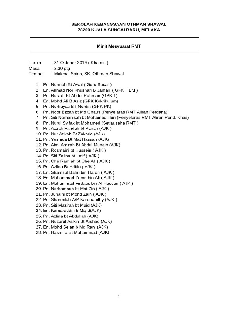 Minit Mesyuarat Kali 2 RMT 2019 | PDF