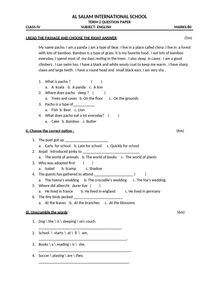 Grade 4 English Question Paper | PDF