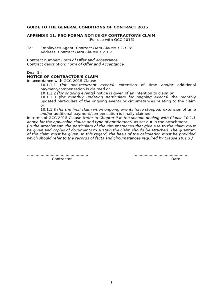 Pro Forma Notice of Contractor's Claim | PDF