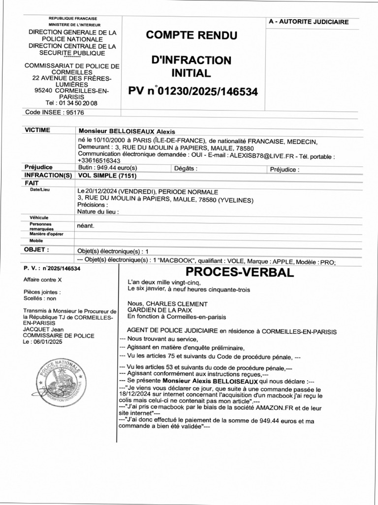 Dépot de Plainte Alexis BELLOISEAUX | PDF