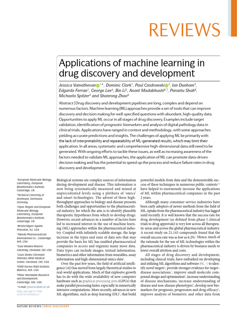 Applications of Machine Learning in Drug Discovery and Development ...