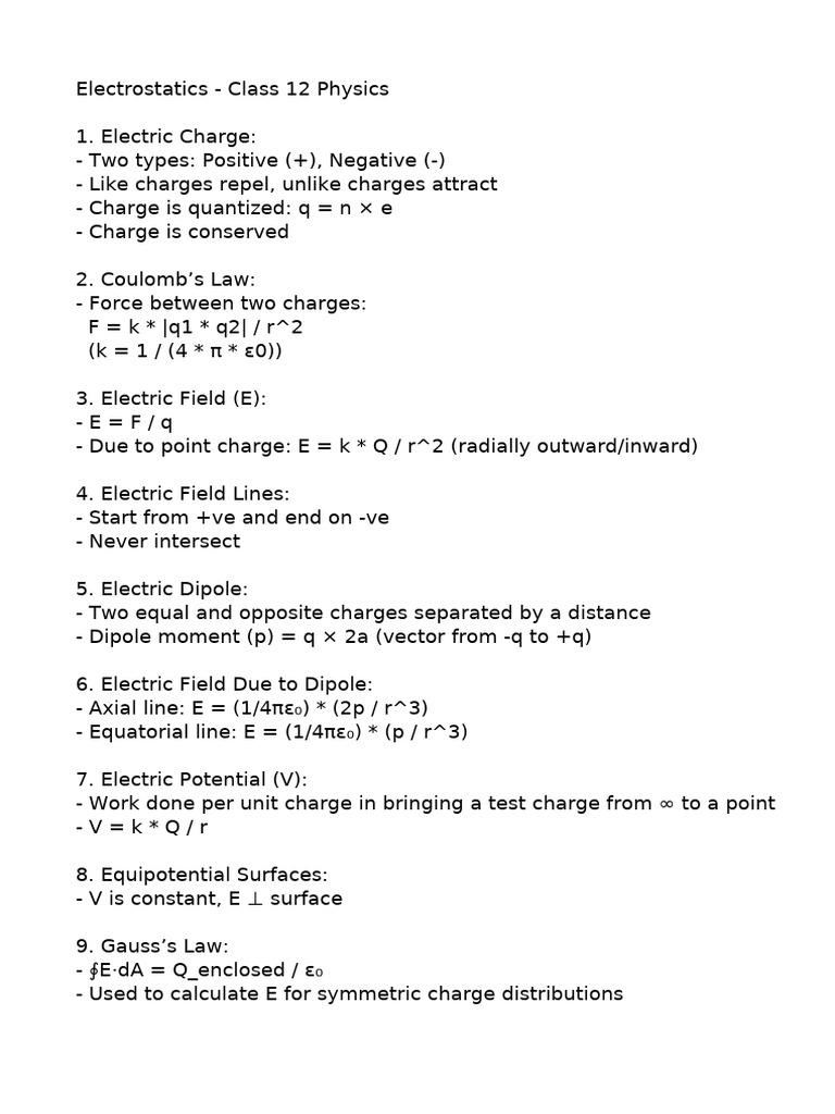 Electrostatics Notes Handwritten Style | PDF