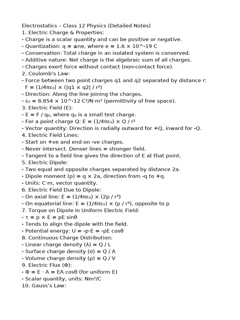 Detailed Electrostatics Notes Handwritten Style | PDF