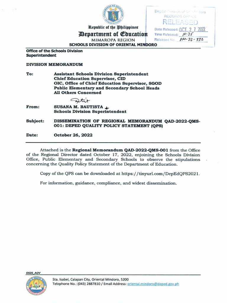 Dissemination of Regional Memorandum QAD 2022 QMS 001 Deped Quality Policy Statement QPS | PDF