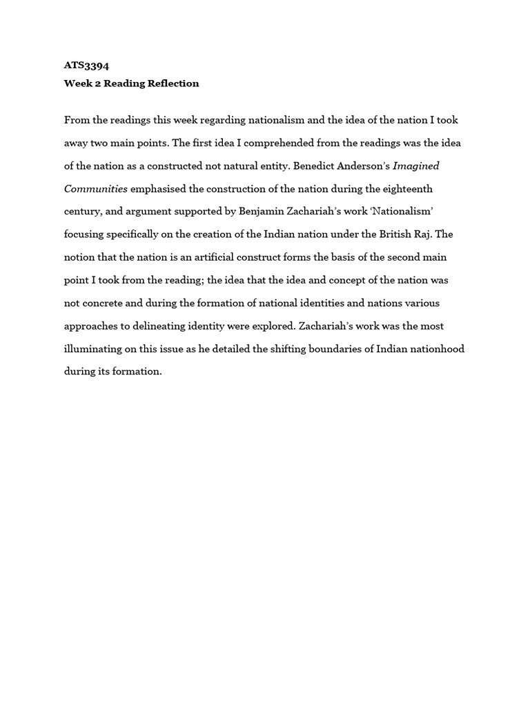 ATS3394 Week 2 Reflection, Nationalism | PDF