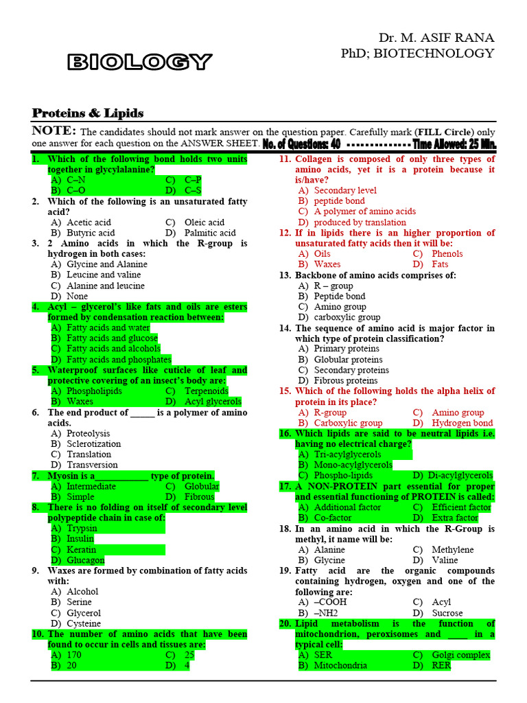 Biotechnology Quiz: Proteins & Lipids | PDF | Proteins | Lipid