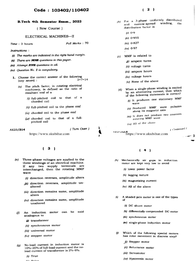 Btech Ee 4 Sem Electrical Machines 2 103402 2022 | PDF