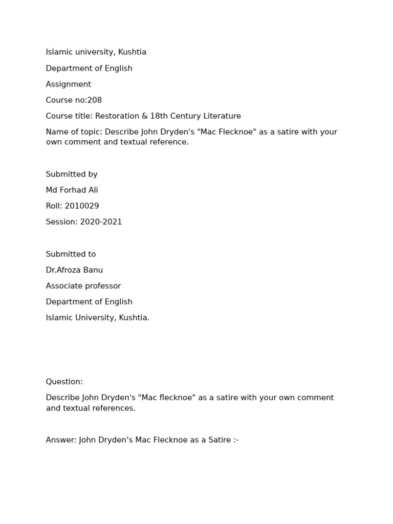 MD Forhad Ali Roll-2010029 Session-2020-2021 | PDF | Satire | John Dryden