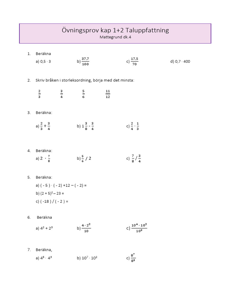 Övningsprov 1-2 Taluppfattning Kap.1-2 | PDF