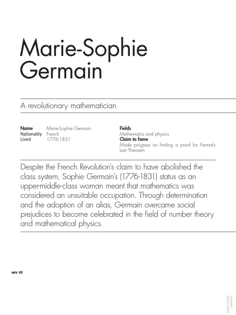 Marie-Sophie Germain: Mathematician's Journey | PDF | Teaching ...