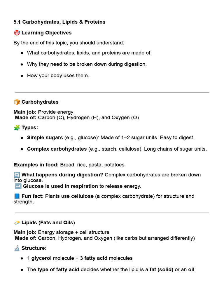 Notes_ 5.1 Carbohydrates, Lipids & Proteins | PDF | Carbohydrates | Lipid