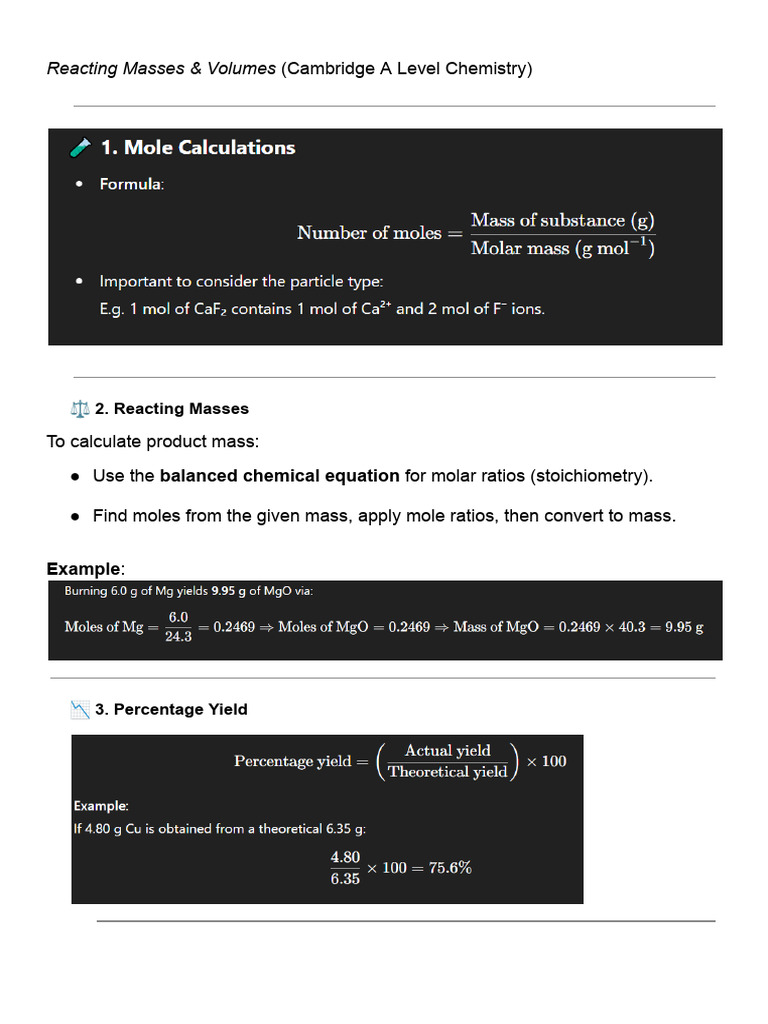Reacting Masses and Volumes in Chemistry | PDF